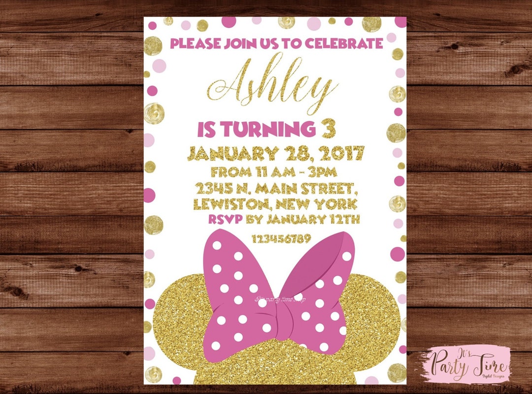 Minnie Mouse Invitation - Minnie Mouse Pink and Gold Invitation - Pink ...