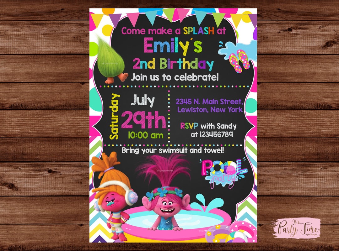 Trolls Pool Party Birthday Invitation - Trolls Pool Party Invitation ...