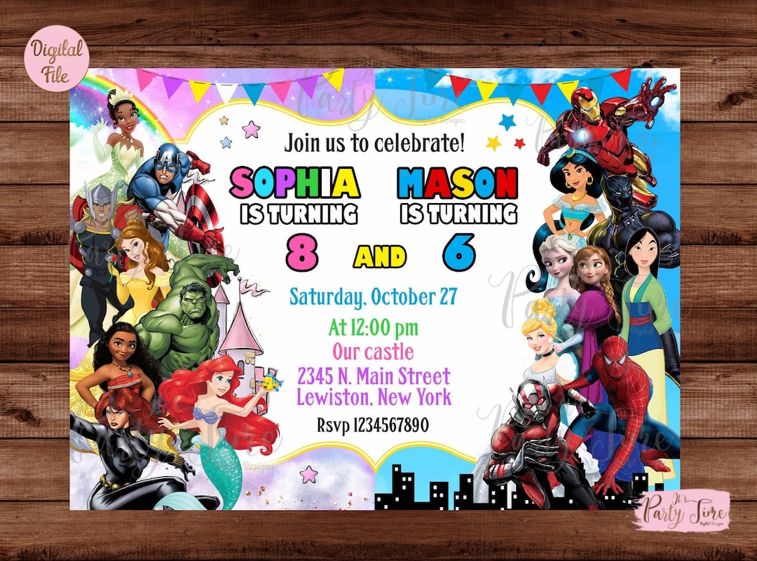 Superhero and Princess Invitation - Princesses and Superhero Invitation ...
