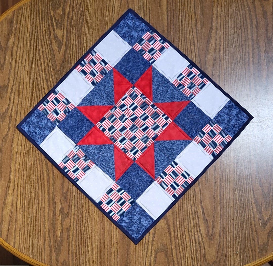 Patriotic Table Topper, Square 24 Inch Cotton Quilted, Red White Blue ...
