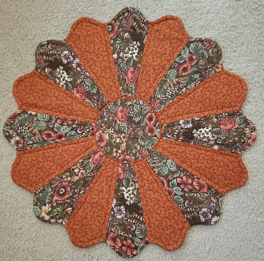 Rustic Fall Flower Print on Olive N Beige Background, Round Handmade ...