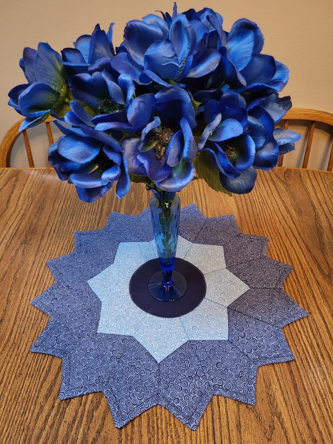 Light Blue and Dark Blue Curly Q Design Handmade Cotton Quilted Table ...