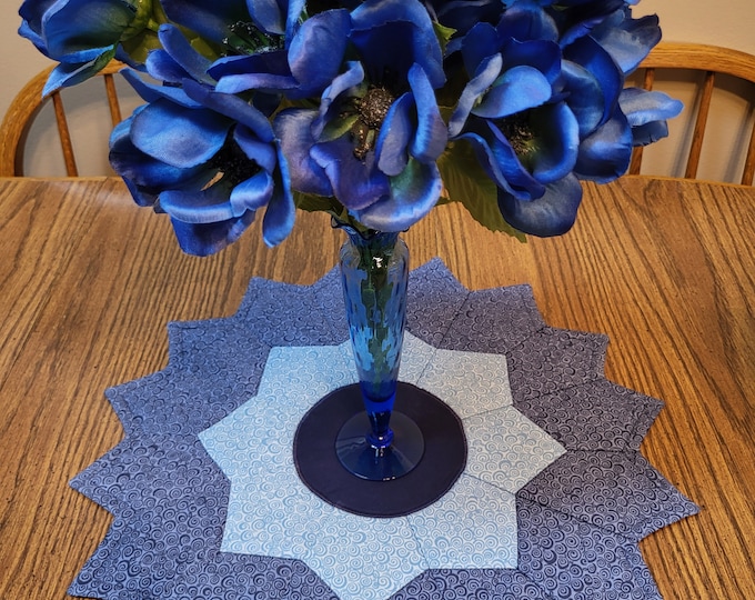 Light Blue and Dark Blue Curly Q Design Handmade Cotton Quilted Table ...
