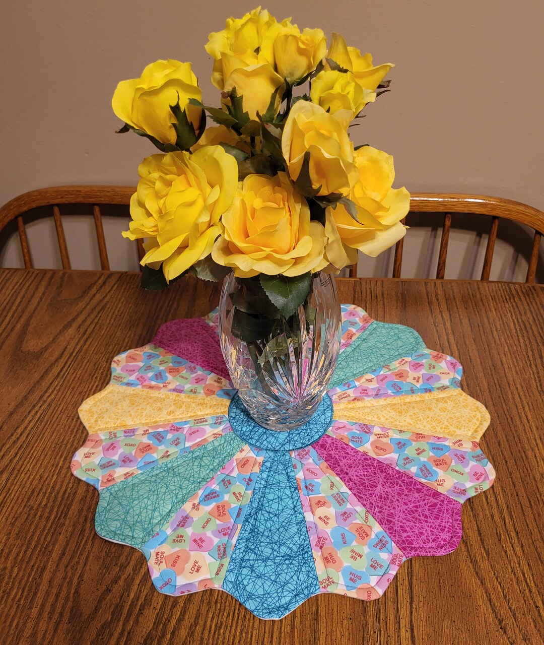 Pastel Conversation Hearts, Handmade Round 17.5 Inch Cotton Quilted ...