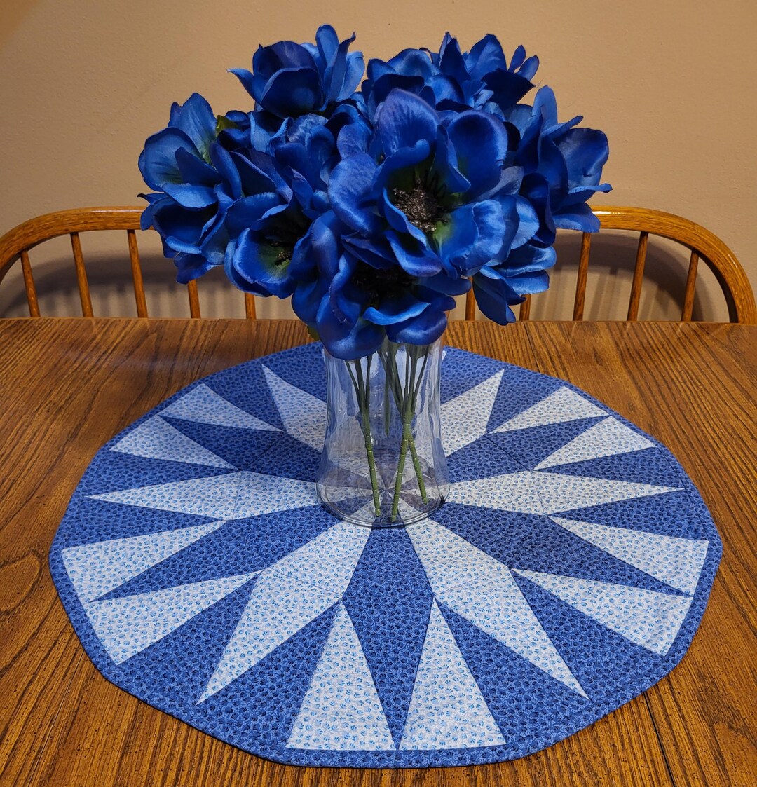 Light Blue and Medium Blue Tiny Flowers With Leaves Table Topper, 20.5 ...
