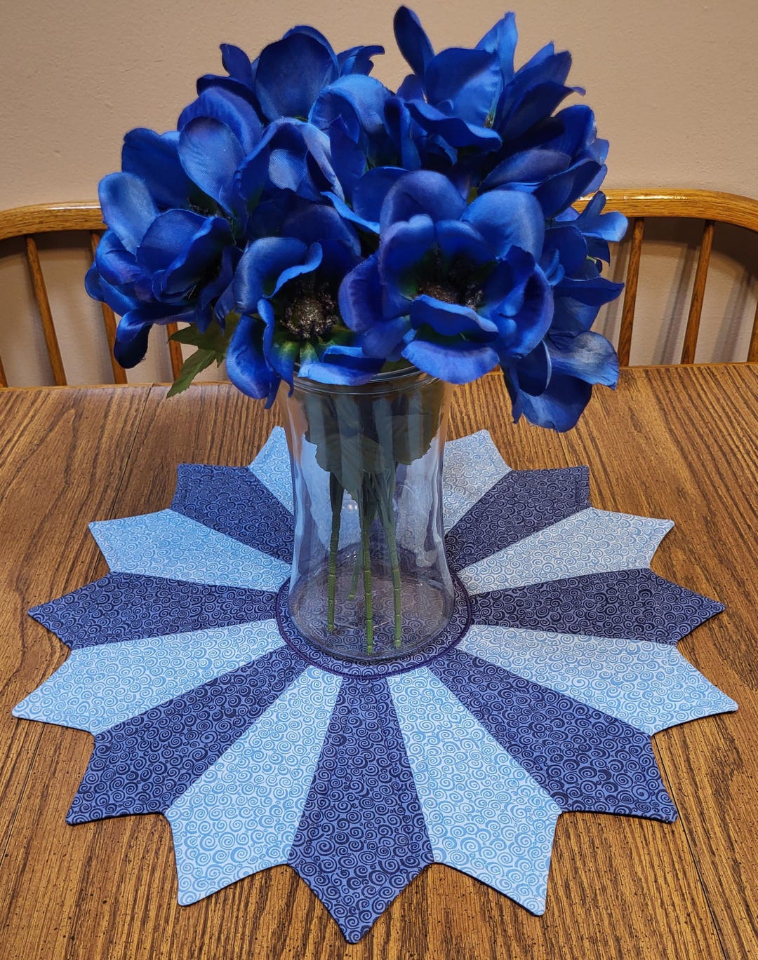 Light Blue and Dark Blue Curly Q Design Cotton Fabric Table Topper, 18 ...