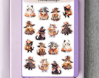 Cute Cats With Pumpkins Stickers, Witch Cats Sticker Set, Animal ...