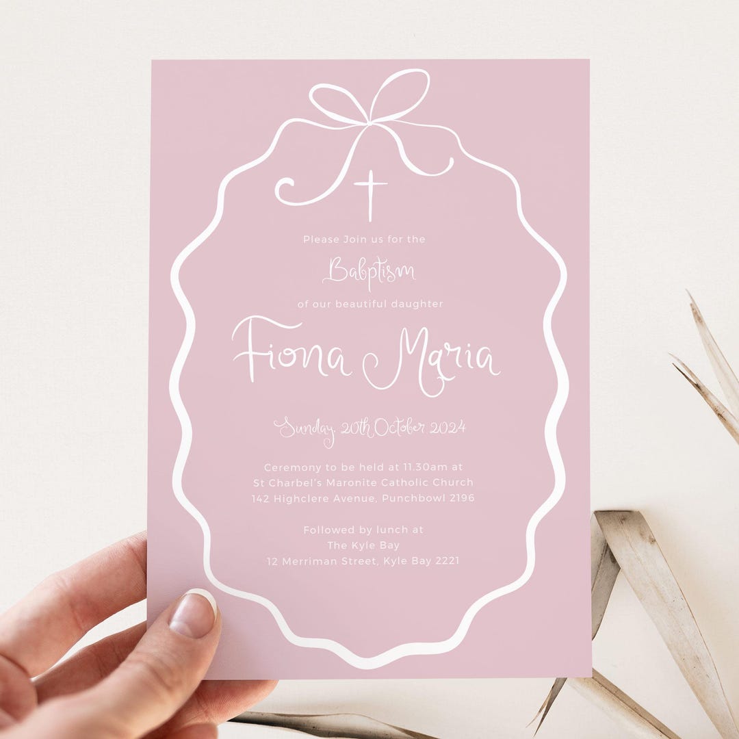Hand Drawn Ribbon Border and Bow Baptism Invitation in Pink ...