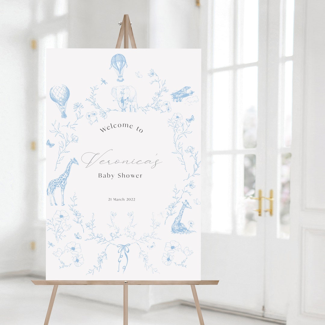 Toile Safari Baby Shower Welcome Sign | Blue Baby Shower Sign - Etsy