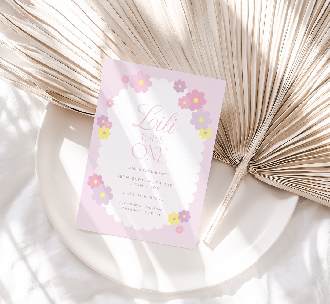 Girls First Birthday Invitation | Flower Scalloped Border Invitation ...