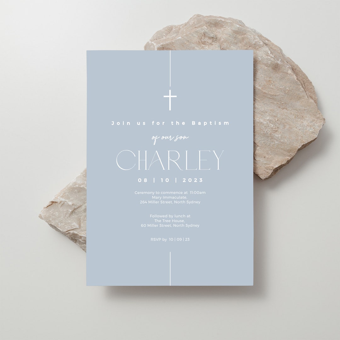 New Line Blue Christening Invitation | Modern Baptism Christening ...