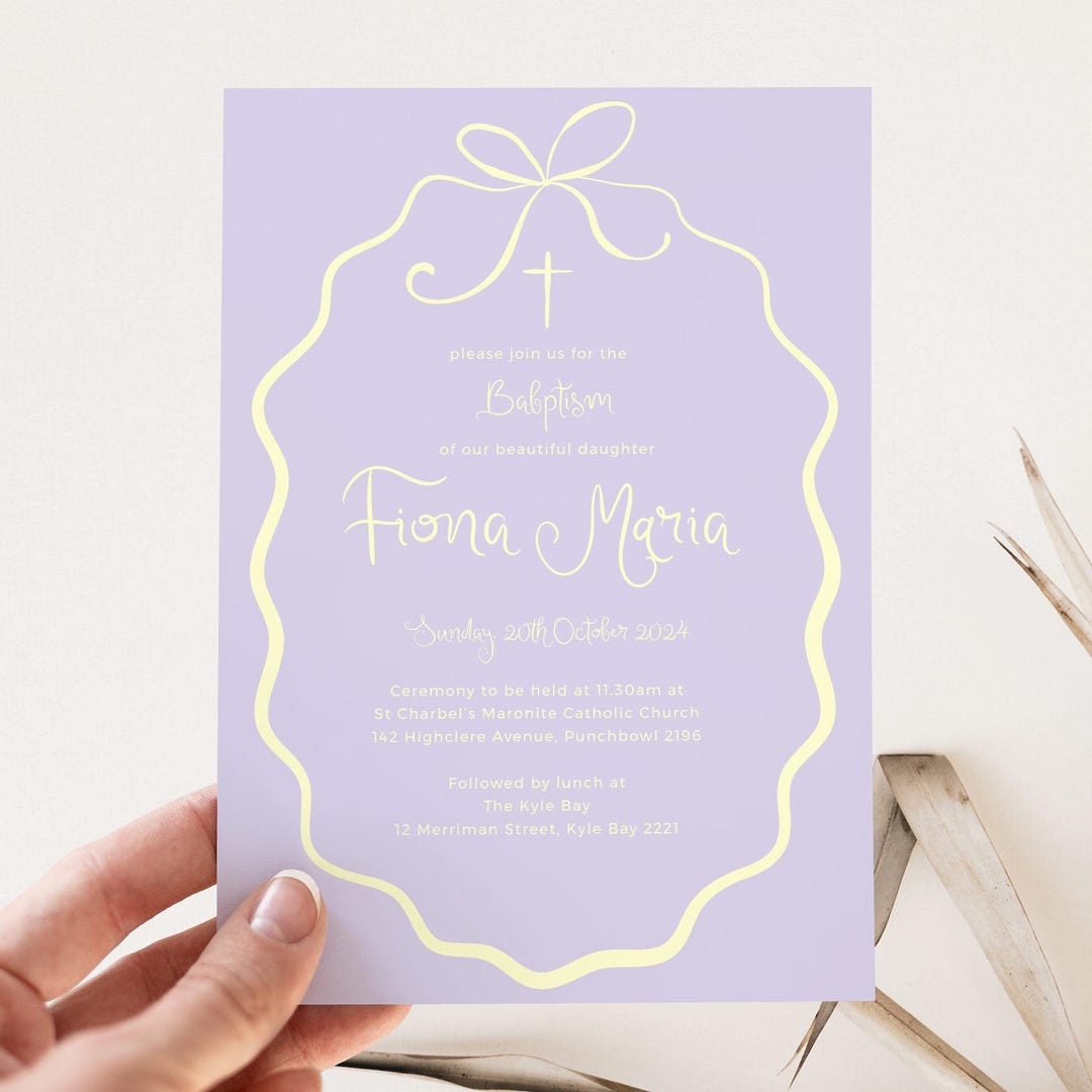 Hand Drawn Ribbon Border and Bow Baptism Invitation in Lilac and Lemon ...