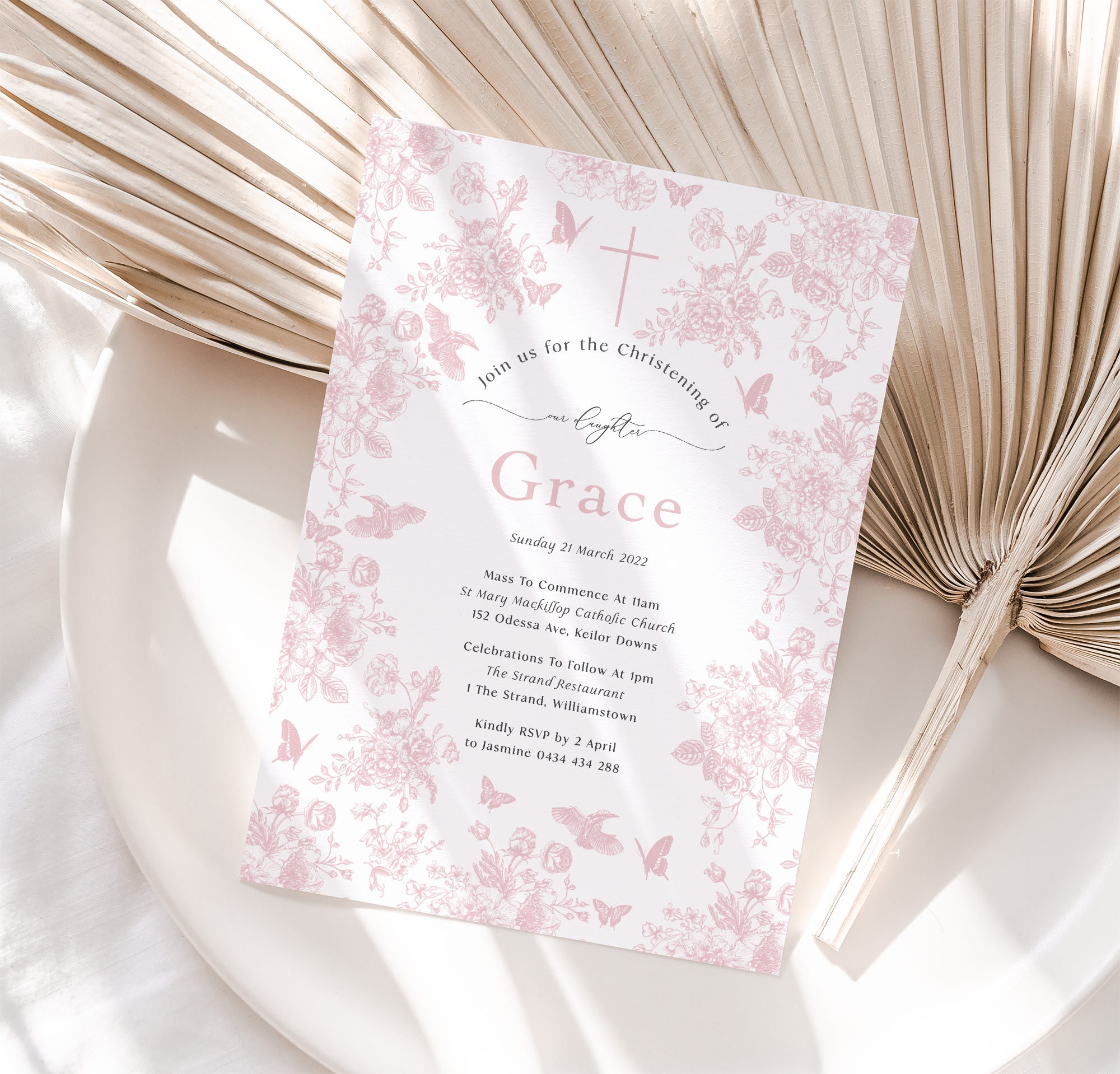 Toile De Jouy Girls Christening Invitation | Vintage Floral Invitation ...