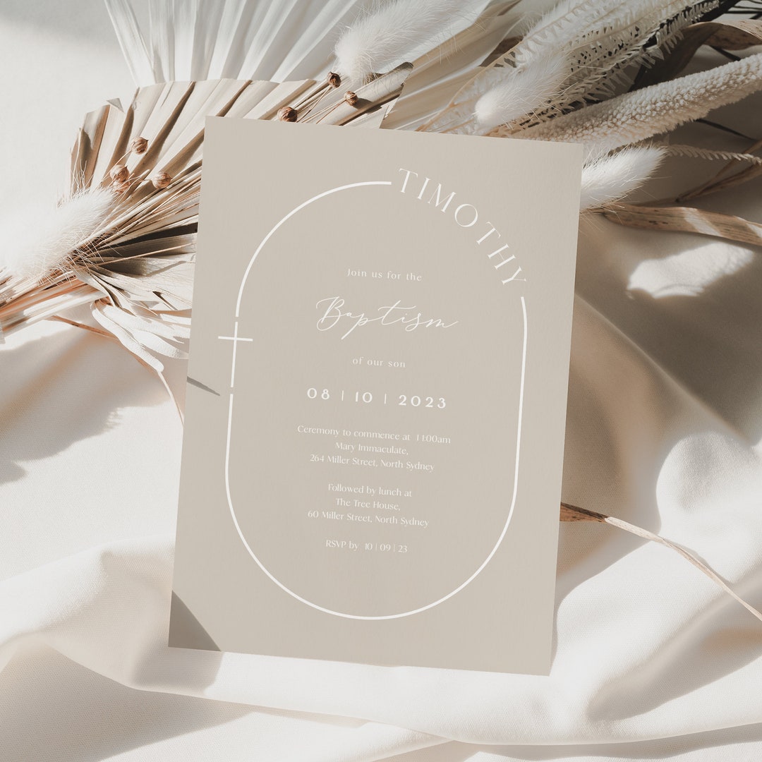 Double Arch Beige Christening Invitation | Modern Neutral Baptism ...