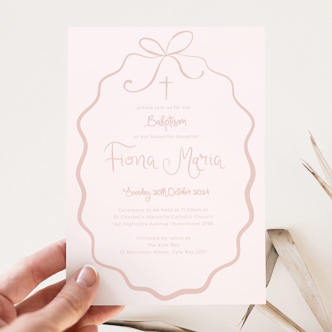 Hand Drawn Ribbon Border and Bow Baptism Invitation in Nude Tones ...