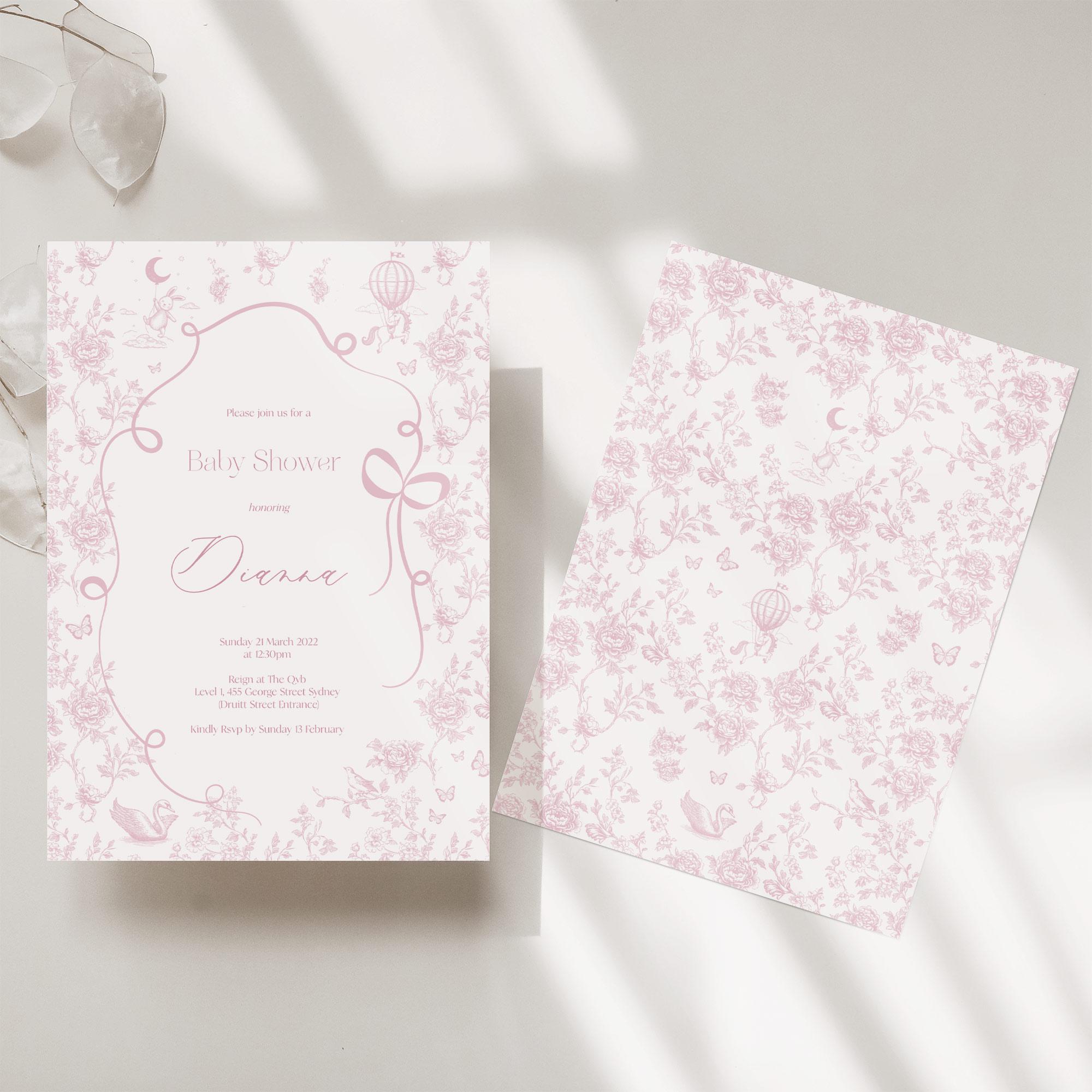 Editable Toile Baby Shower Invitation | Pink Vintage Floral With Ribbon ...