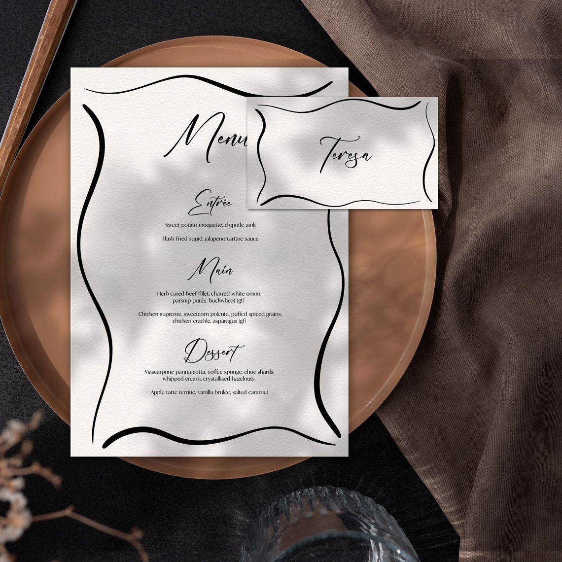 Swash Border Black and White Wedding Menu and Place Card| Menu With ...
