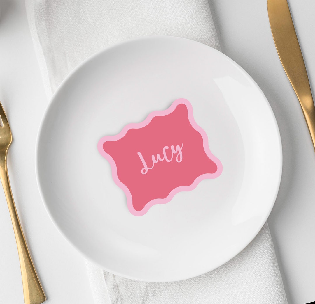 Wavy Bridal Shower Name Card Coaster Bright and Vibrant Placecard Pink ...
