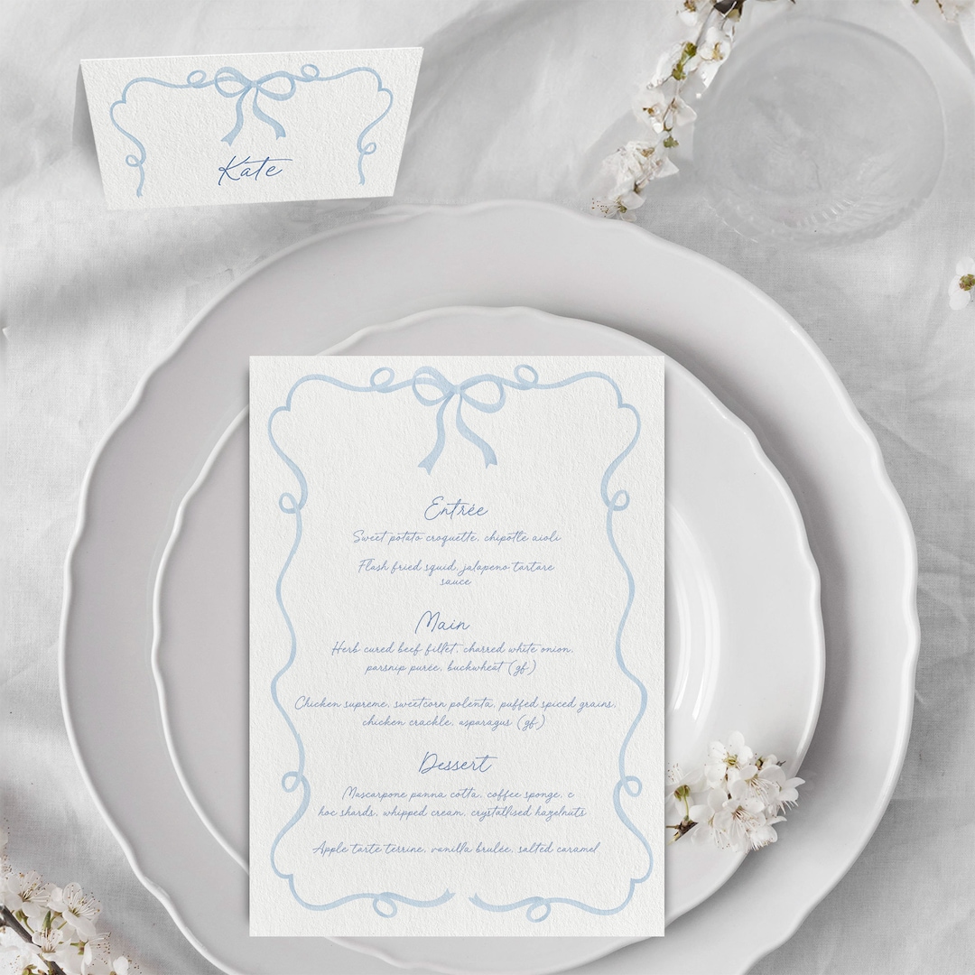 Blue Bow and Ribbon Editable Menu With Matching Placecards | Bridal ...