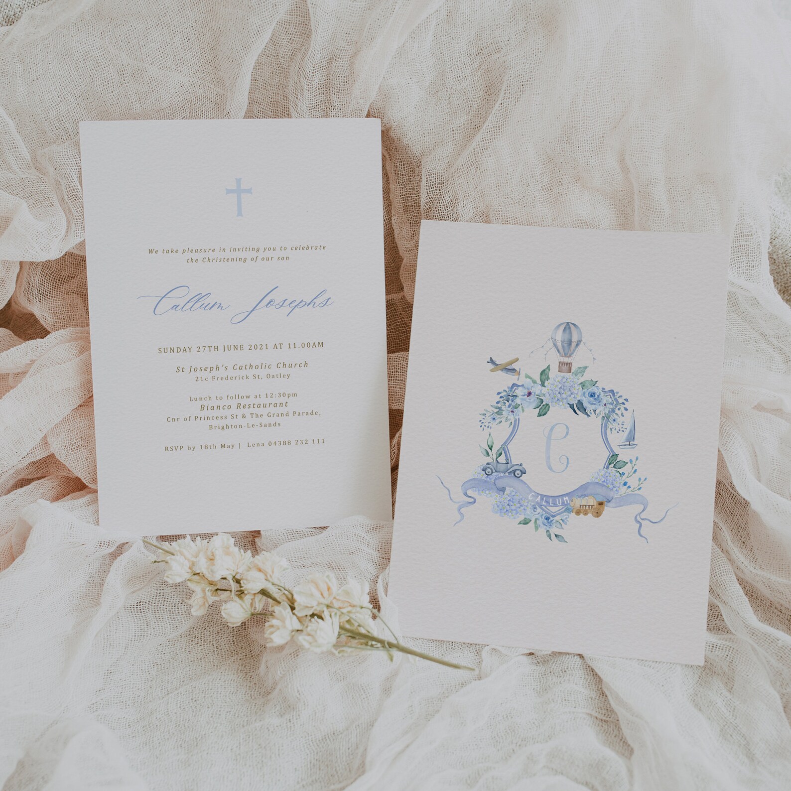 Watercolour Crest Transport Theme Christening Invitation | Watercolour ...