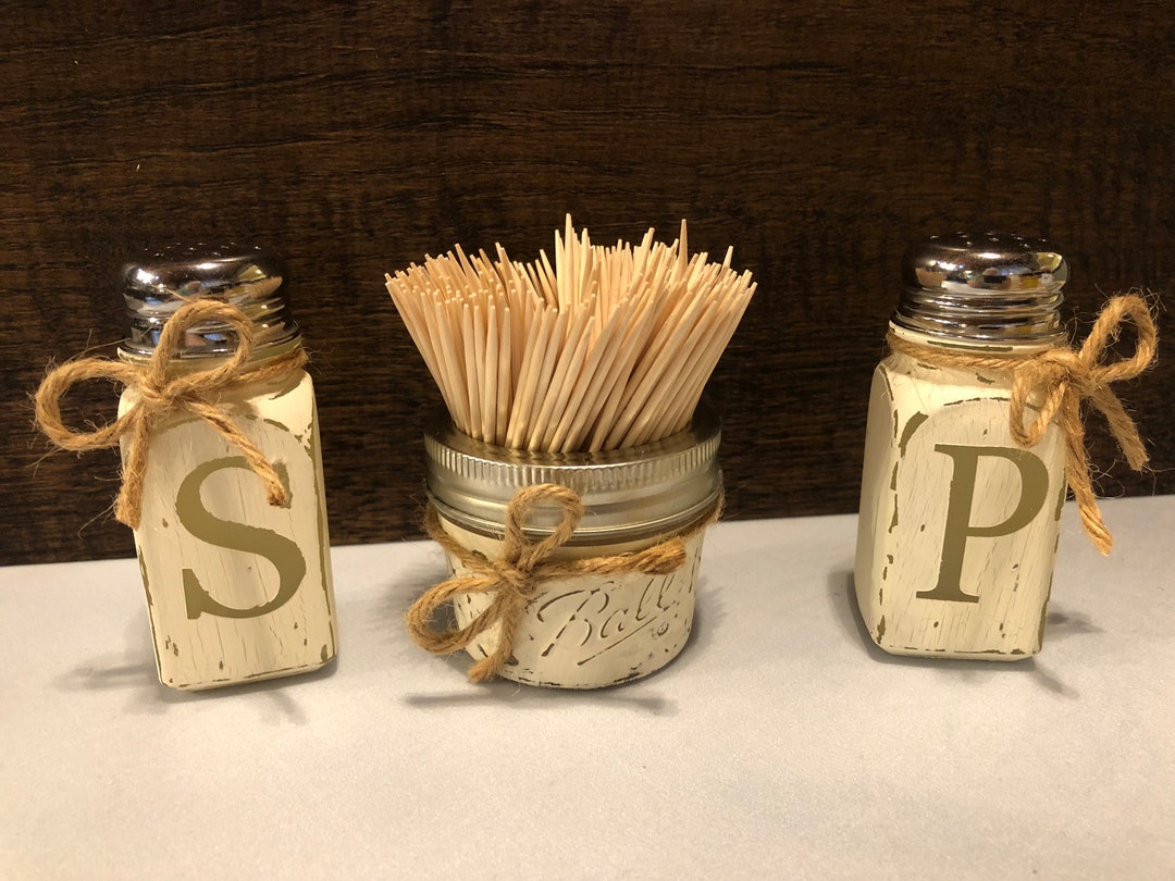 Rustic Salt and Pepper Shakers With Toothpick Holder,farmhouse Style ...