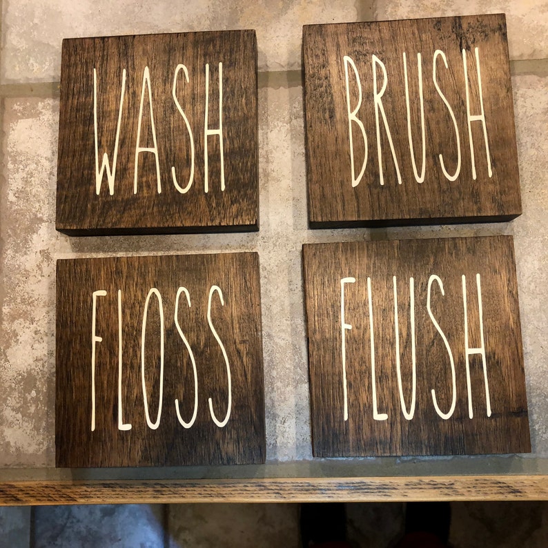 Wash Brush Floss Flush set of 4 signs Bathroom Wall Decor | Etsy