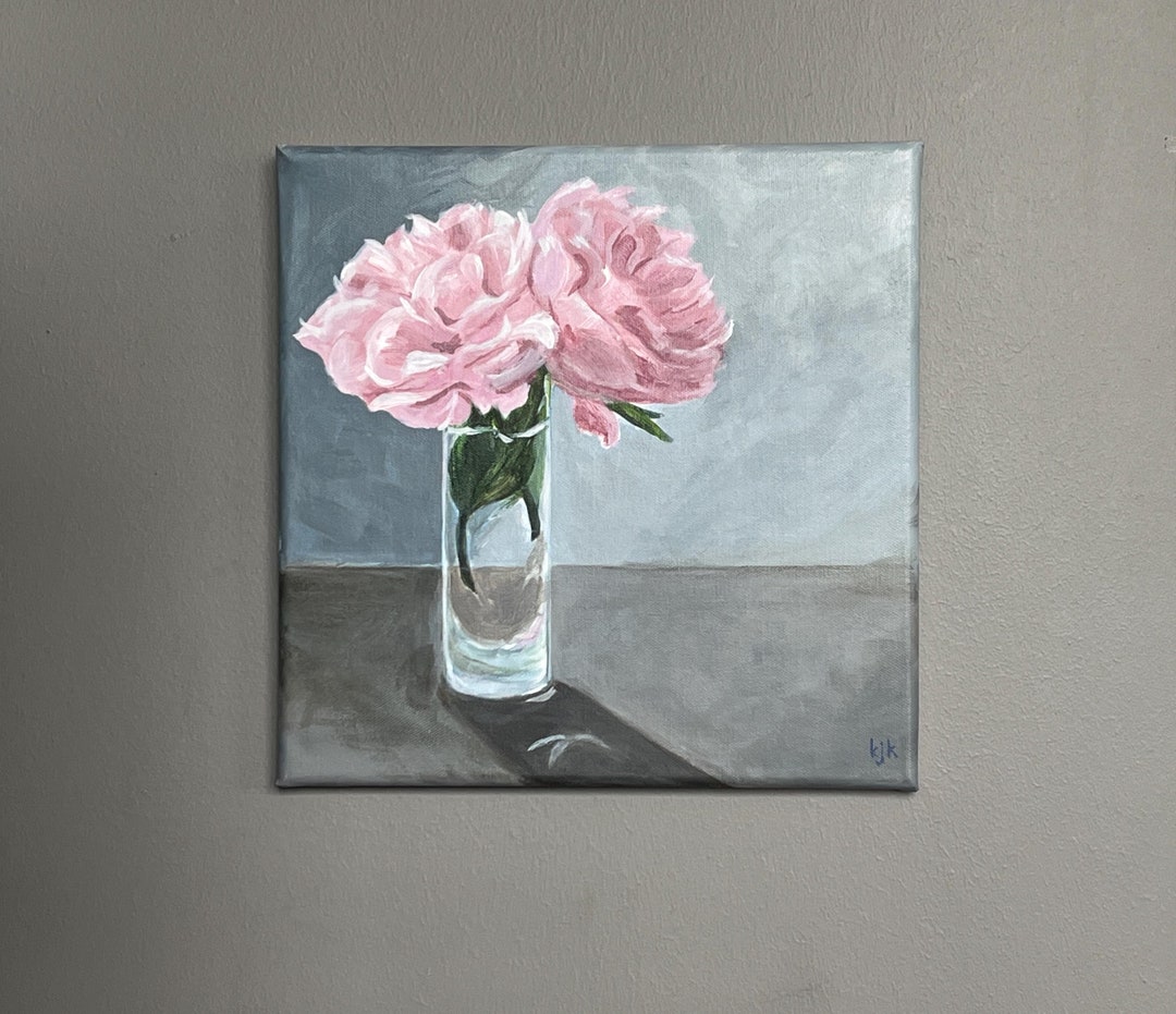 Painting - Pink Peonies in Tubular Glass Vase, Painted on Square Canvas ...