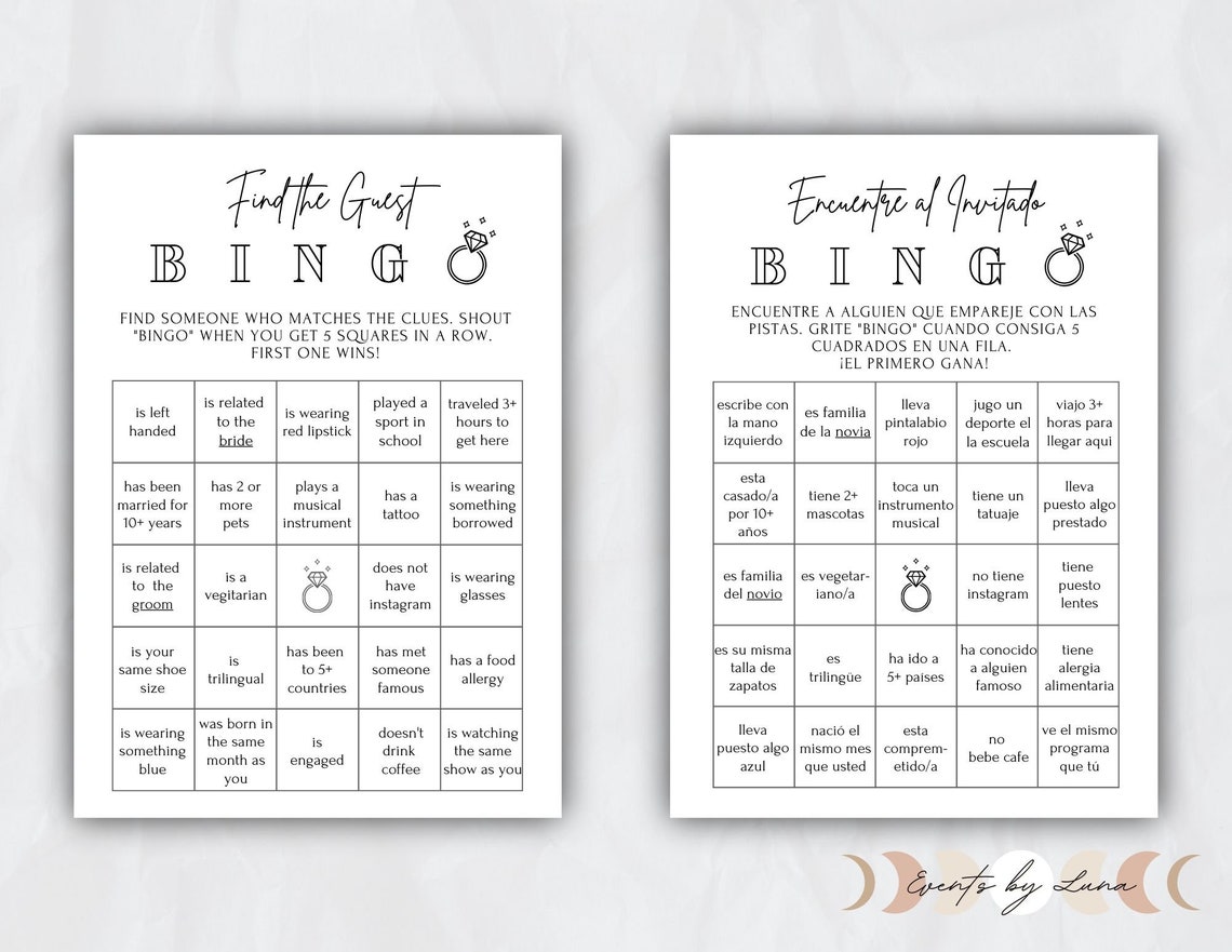 English & Spanish Wedding Games Find the Guest Bingo / Encuentra Al ...