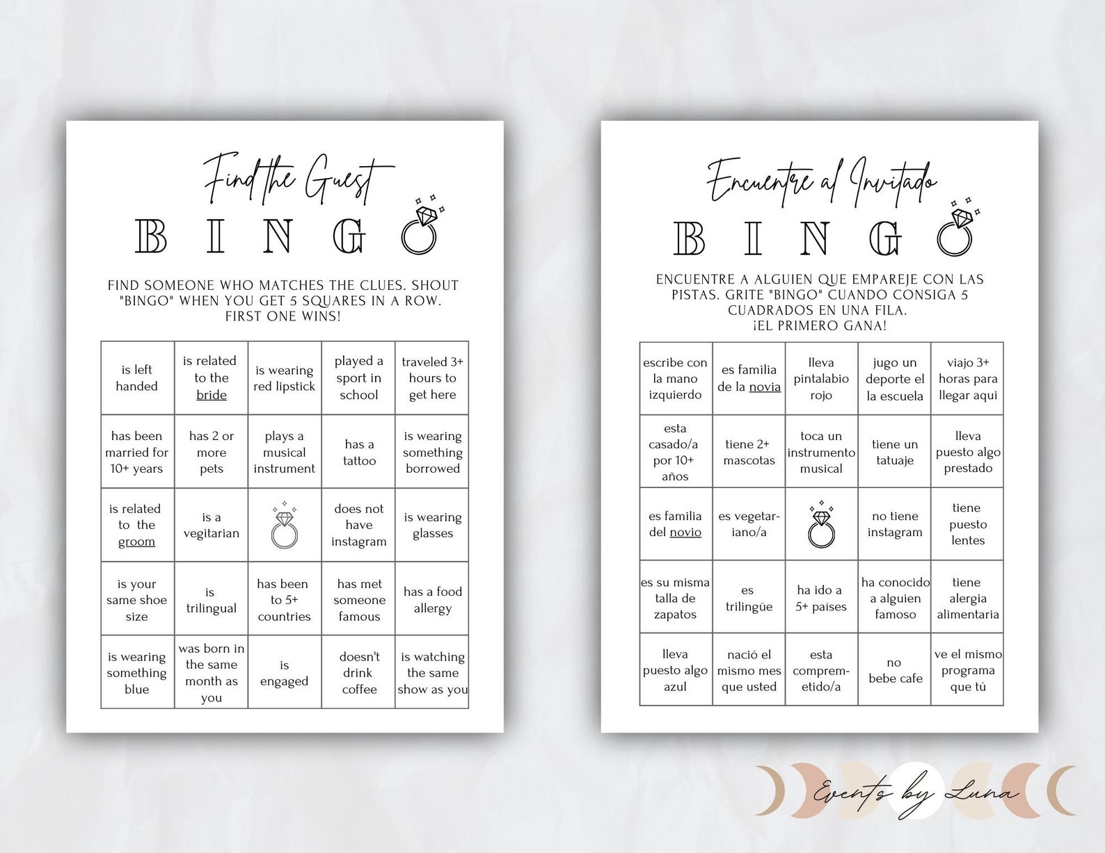 English & Spanish Wedding Games Find the Guest Bingo / Encuentra Al ...