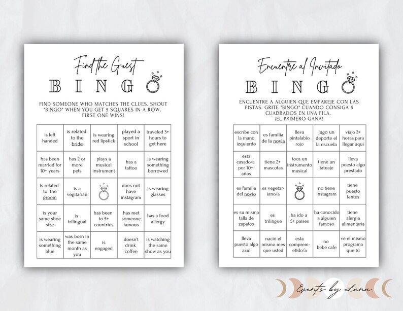 English & Spanish Wedding Games Find the Guest Bingo / Encuentra Al ...
