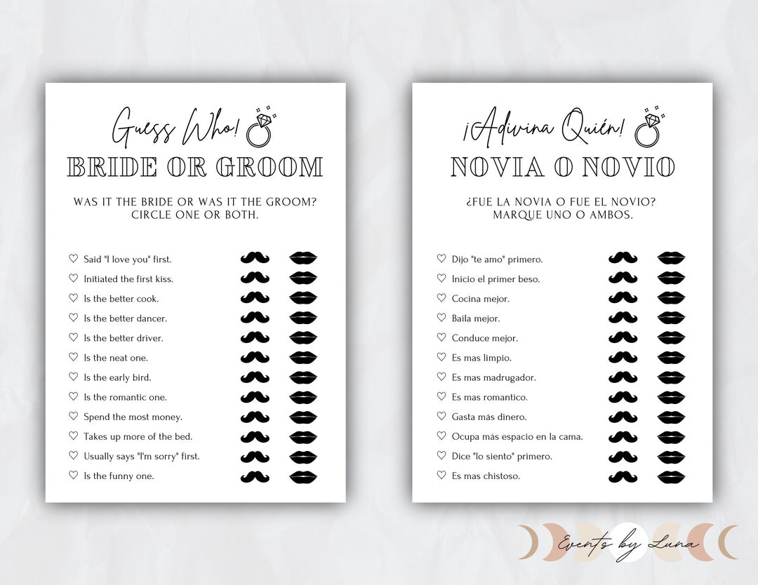 English & Spanish Wedding Games - Guess Who / Adivina Quien - INSTANT ...
