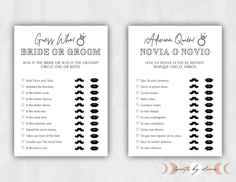 English & Spanish Wedding Games - Guess Who / Adivina Quien - INSTANT ...