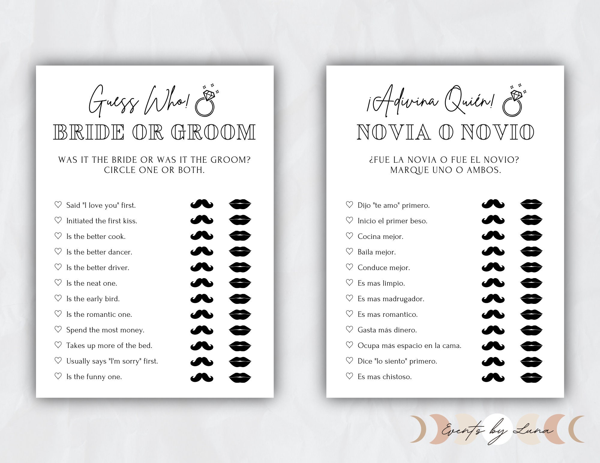 English & Spanish Wedding Games - Guess Who / Adivina Quien - INSTANT ...