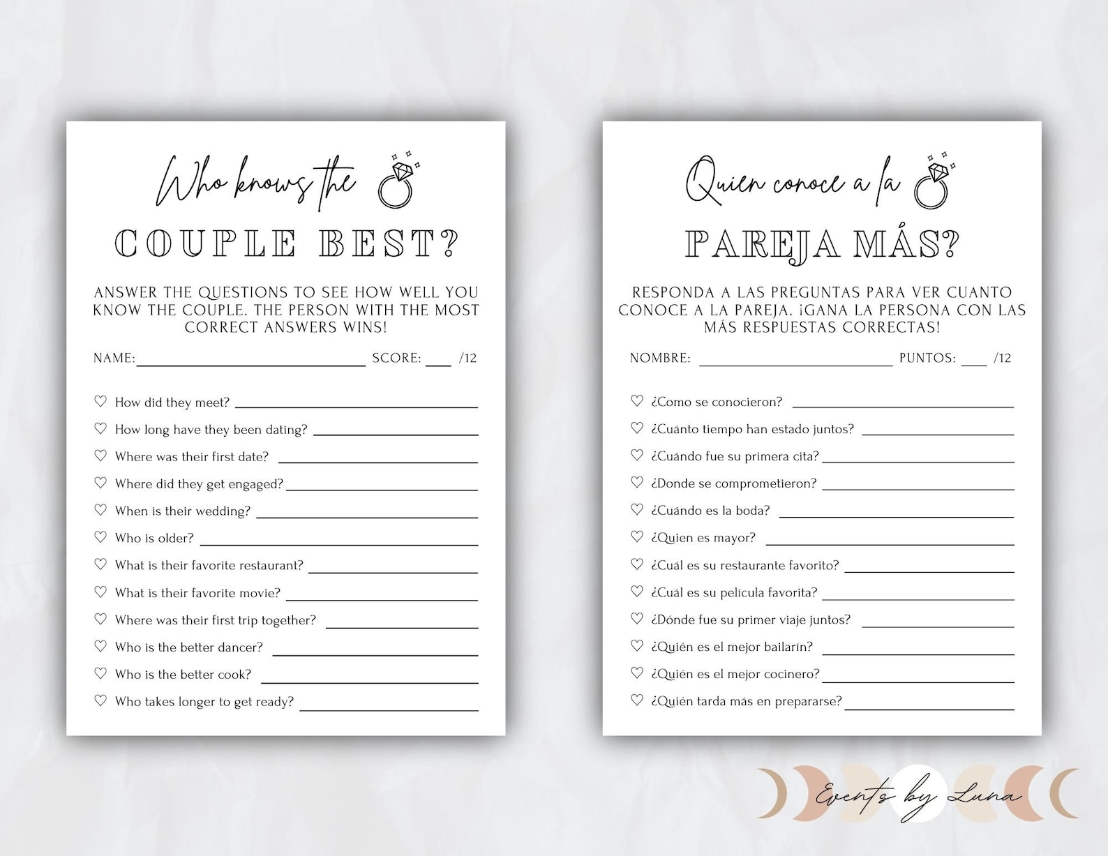 English & Spanish Wedding Games - Who Knows the Couple Best / Quien ...