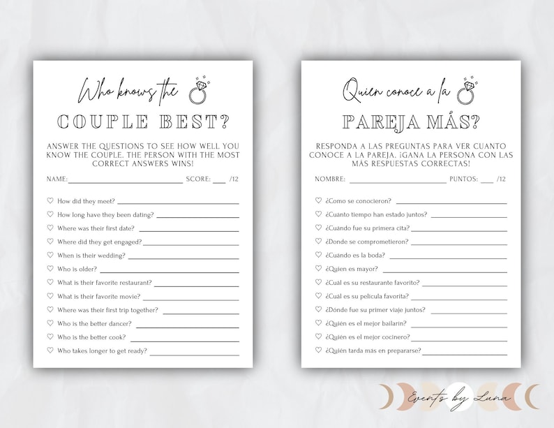 English & Spanish Wedding Games - Who Knows the Couple Best / Quien ...