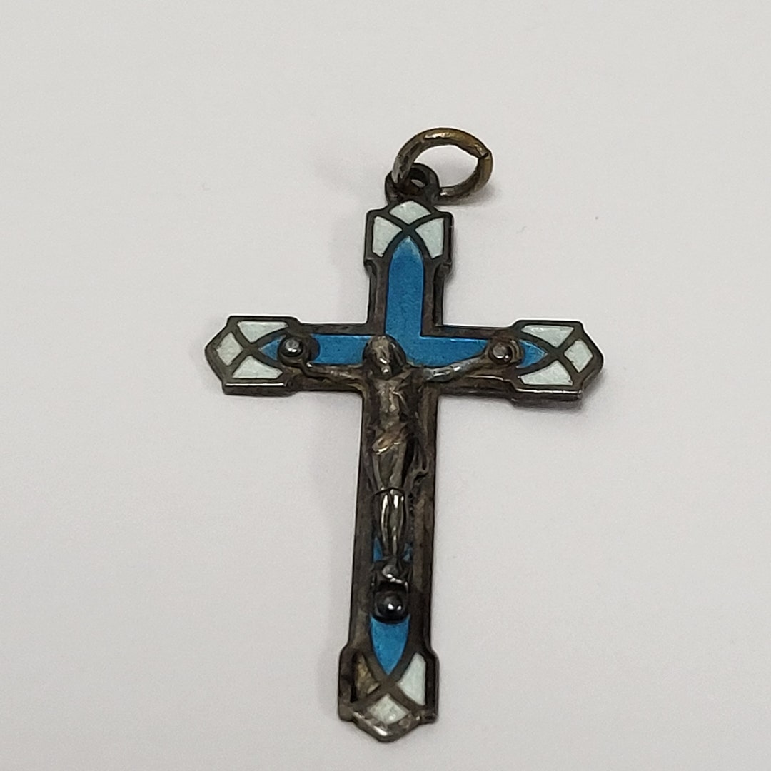 Antique Sterling Silver Cross Blue & White Enamel - Etsy