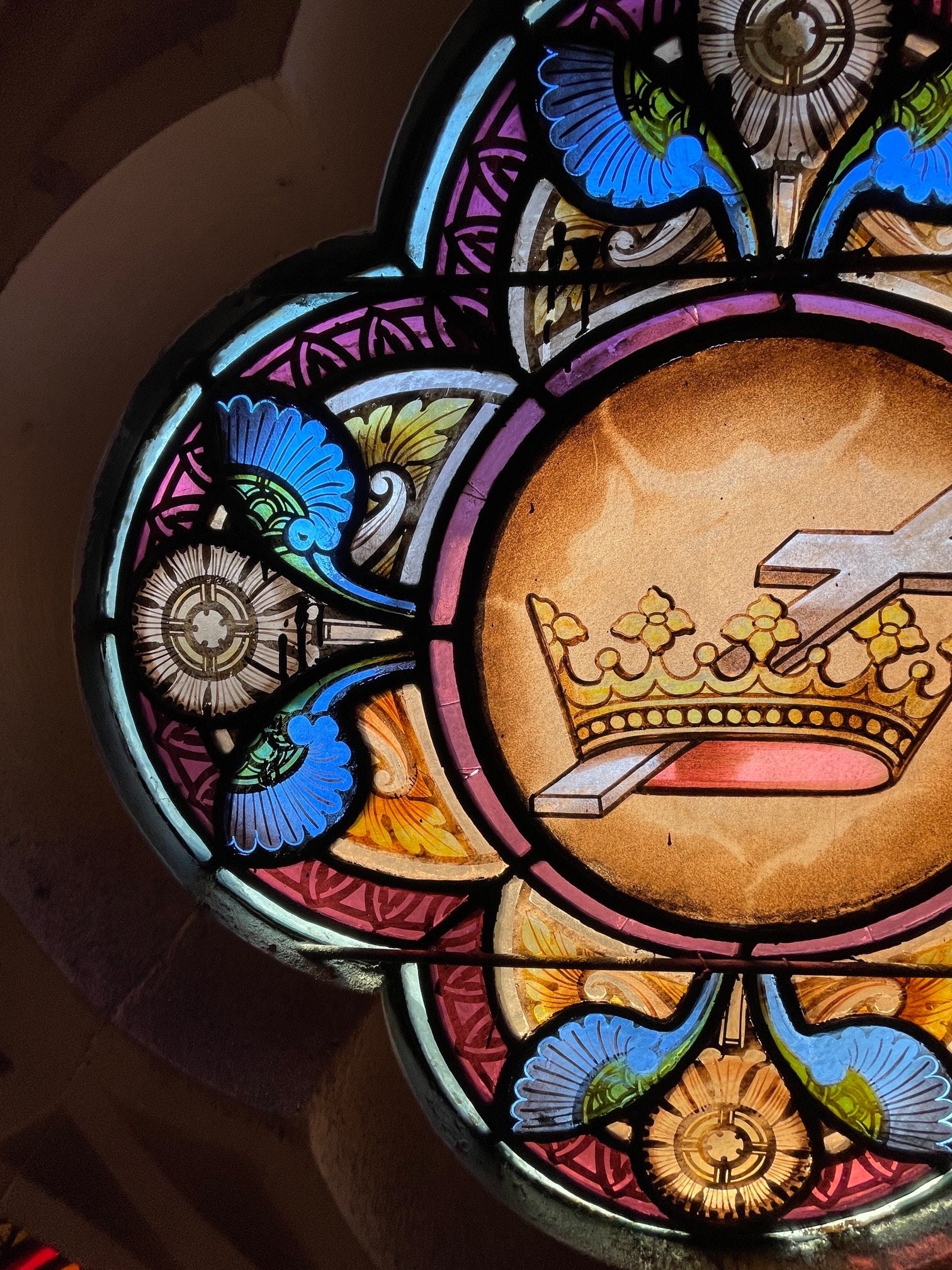 Antique Stained Glass Window With a Crown and Cross - Etsy