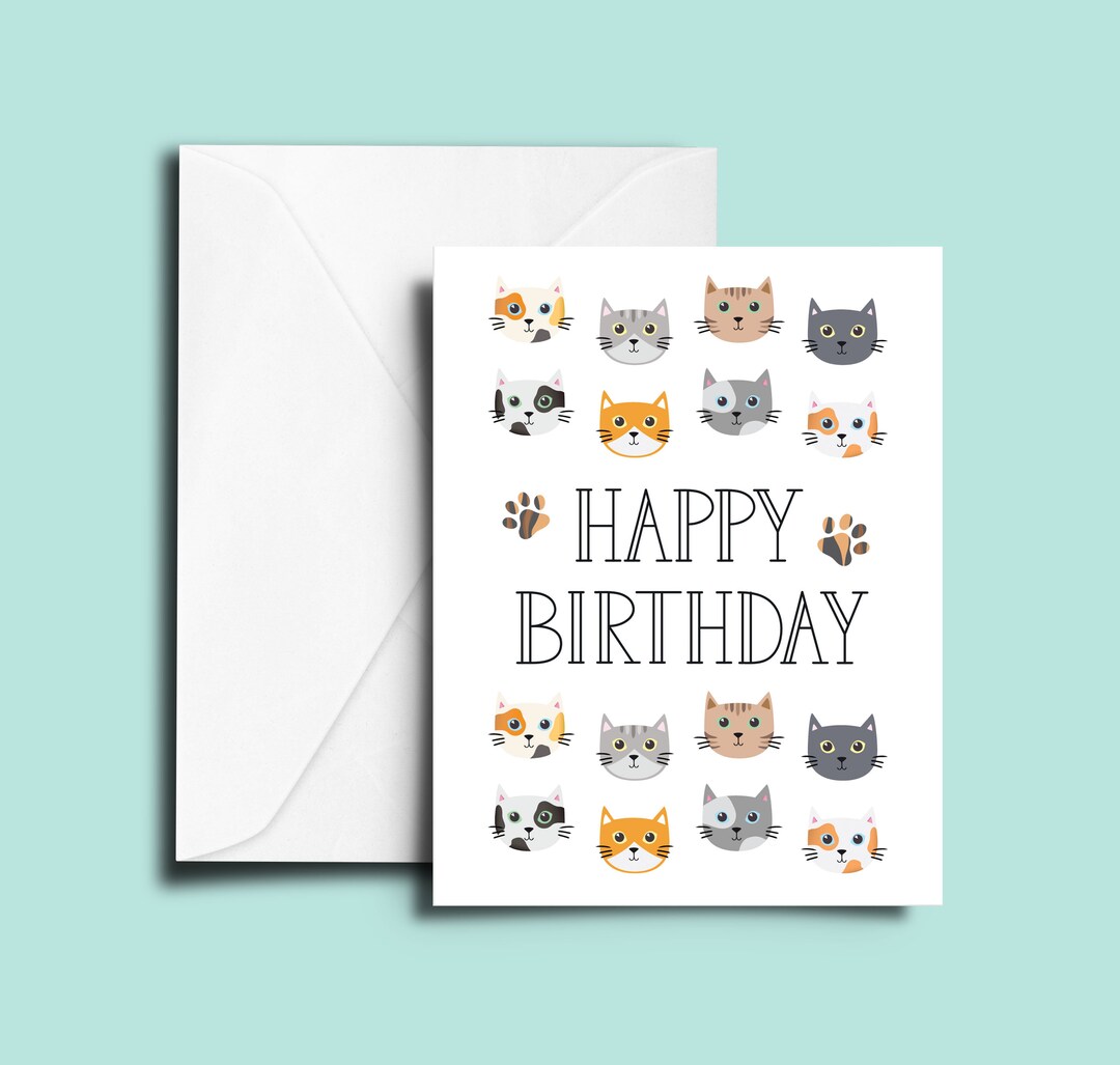 Cat Birthday Card Happy Birthday Hand Lettering With Cat - Etsy