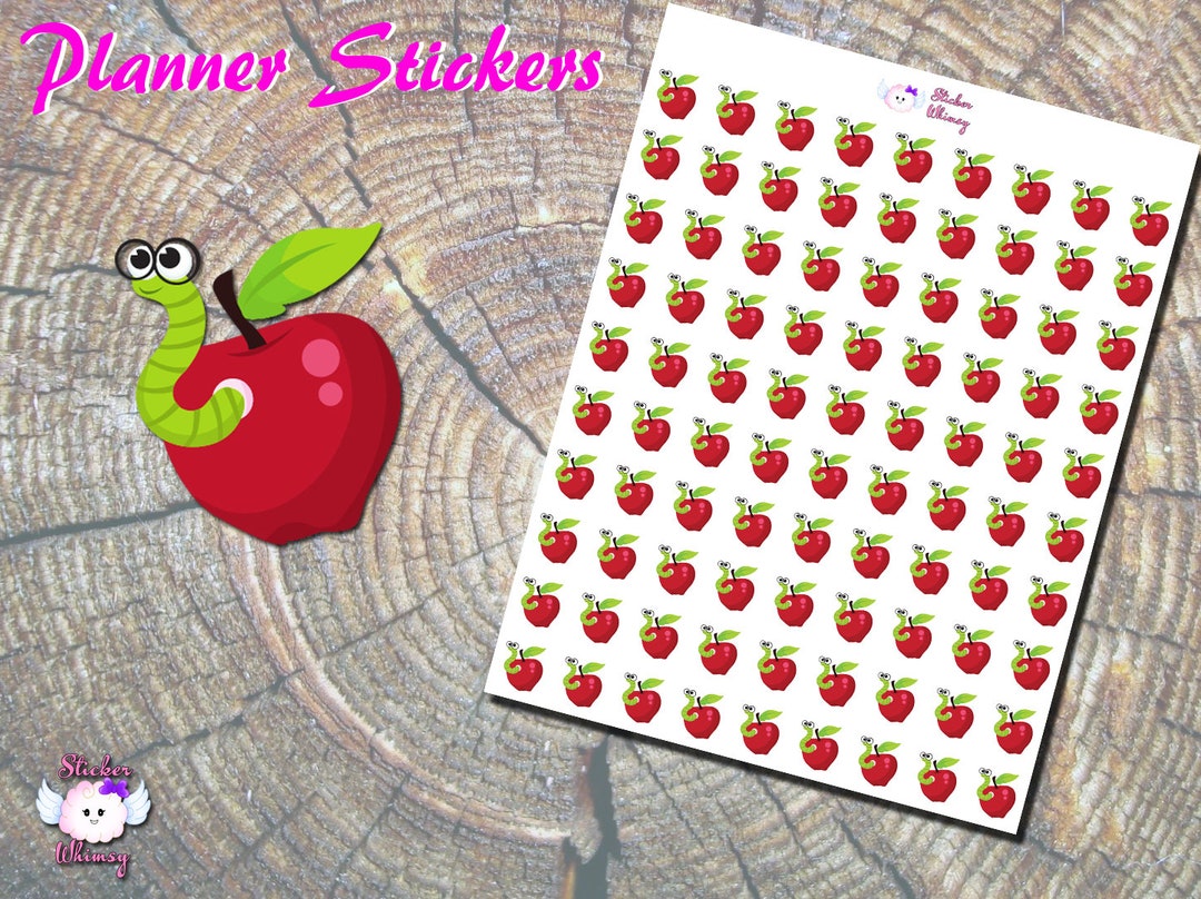 Bookworm and Red Apple Planner Stickers, Printed Stickers, Fruit ...