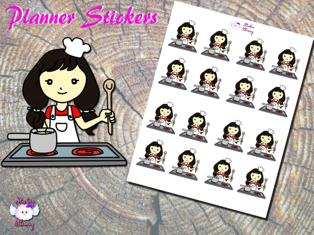 Dark Hair Girl Cooking Planner Stickers, Printed Stickers, Food ...