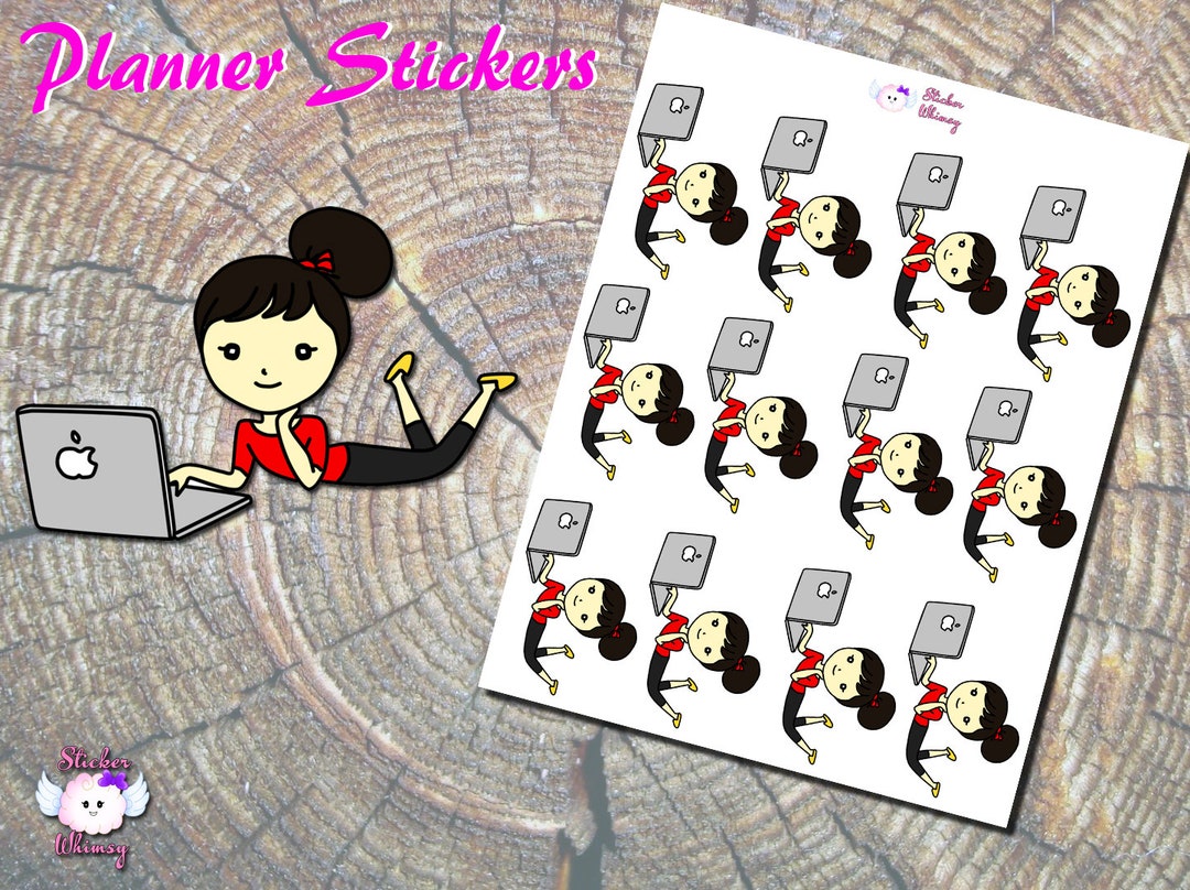 Dark Hair Girl on Laptop Planner Stickers, Printed Stickers, Laptop ...