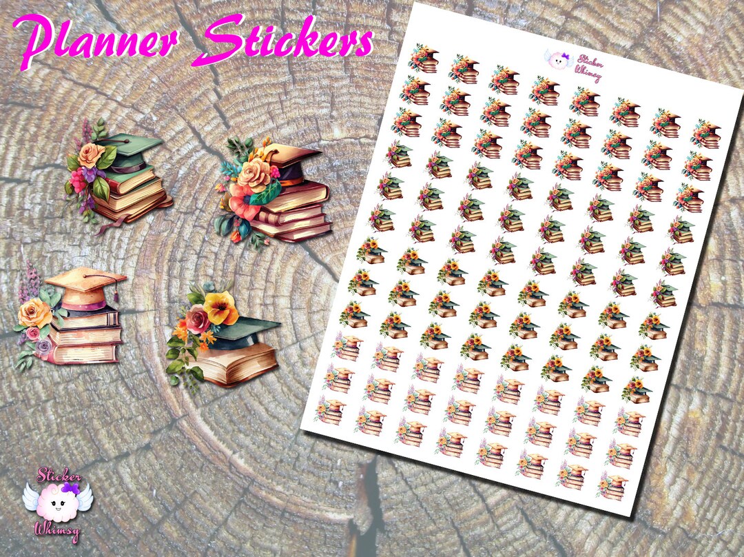 Graduation Cap and Books Planner Stickers, Printed Stickers, Hat ...