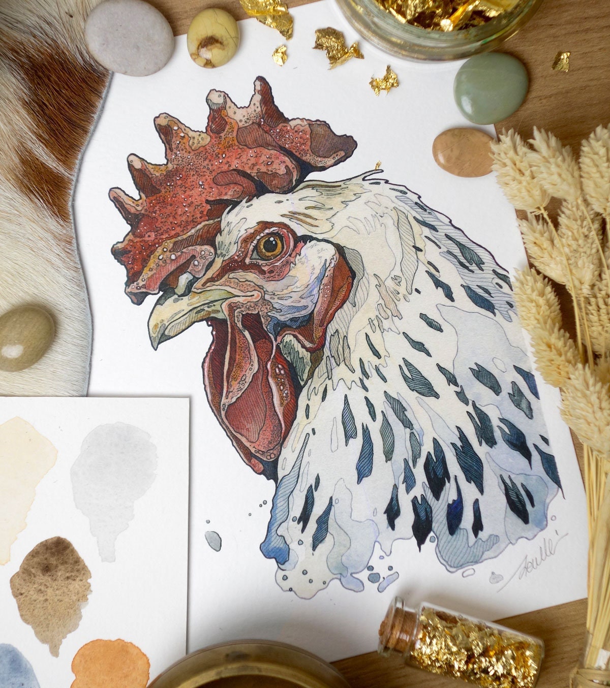 A5 PRINT Signed by Hand "rooster", Giclée Print, Fine Art, Nature ...