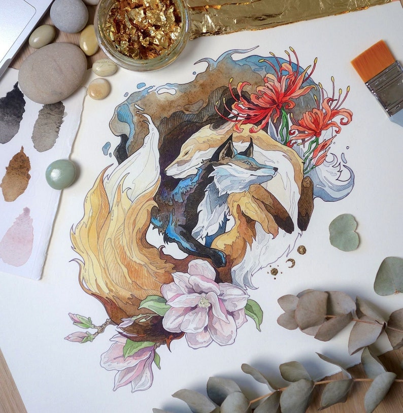 PRINT Limited Edition Ren'art Foxes and Flowers Giclée - Etsy