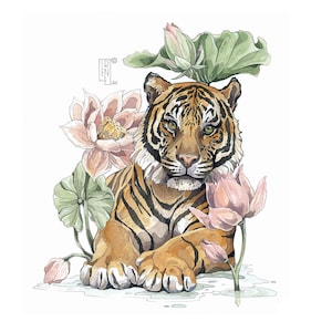 PRINT Limited Edition " Tiger and Lotus Flowers", Giclée Print, Fine ...