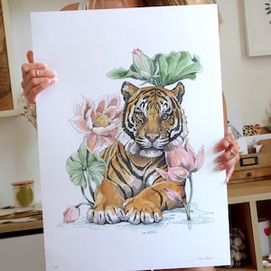 PRINT Limited Edition " Tiger and Lotus Flowers", Giclée Print, Fine ...