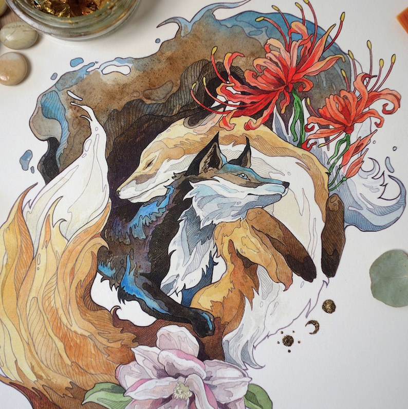 PRINT Limited Edition Ren'art Foxes and Flowers Giclée - Etsy