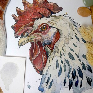 A5 PRINT Signed by Hand "rooster", Giclée Print, Fine Art, Nature ...