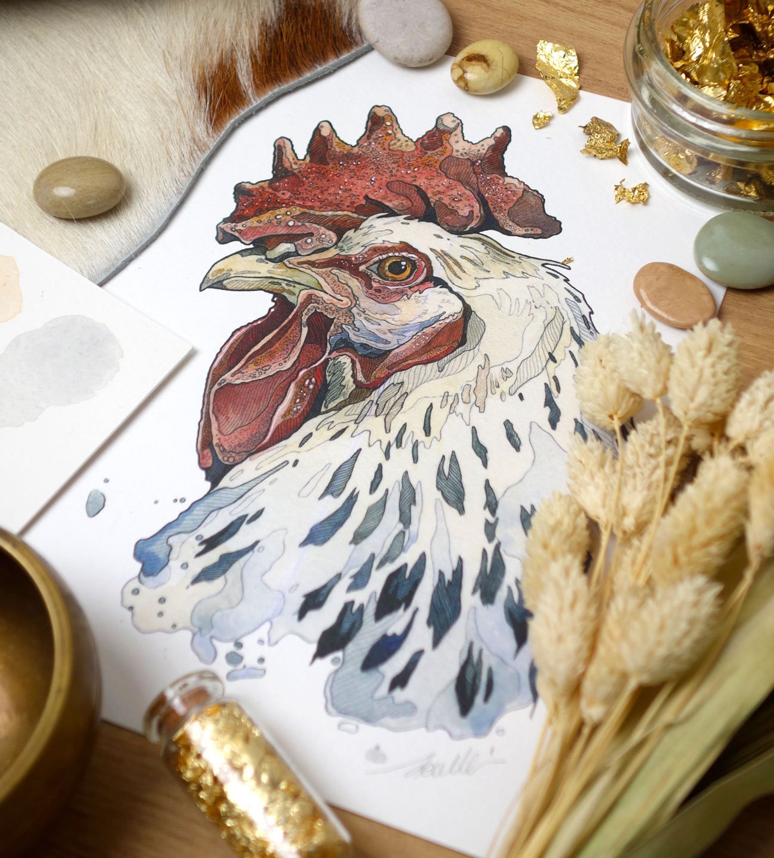 A5 PRINT Signed by Hand "rooster", Giclée Print, Fine Art, Nature ...