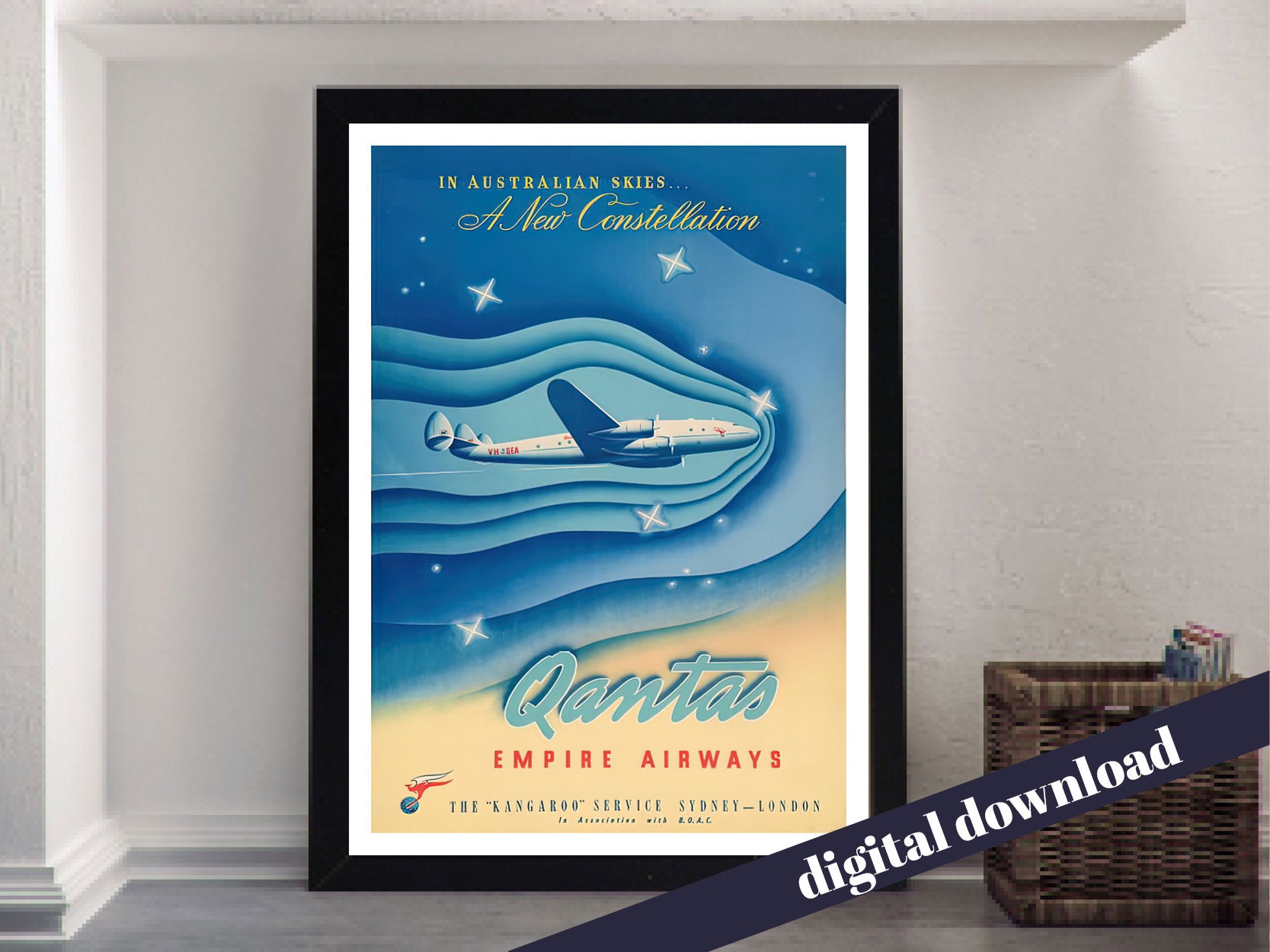 Vintage QANTAS Empire Airways Kangaroo Service Poster - Digital ...